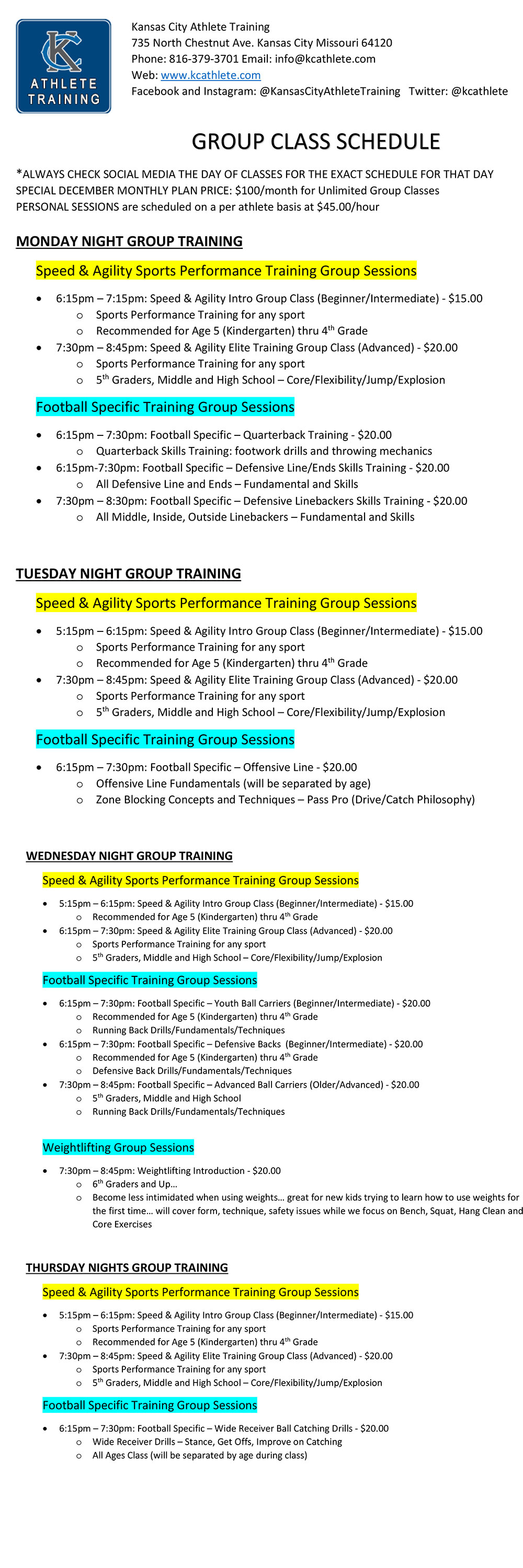 Class Schedule - Kansas City Athlete Training in Kansas City Missouri